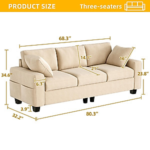 DWVO 80" Sofa, Comfy Upholstered Sofa Couch with Extra Deep Seats, Modern 3-Seater Sofa Sleeper with Side Pocket for Living Room Apartment Office, Easy Assembly, Beige Chenille