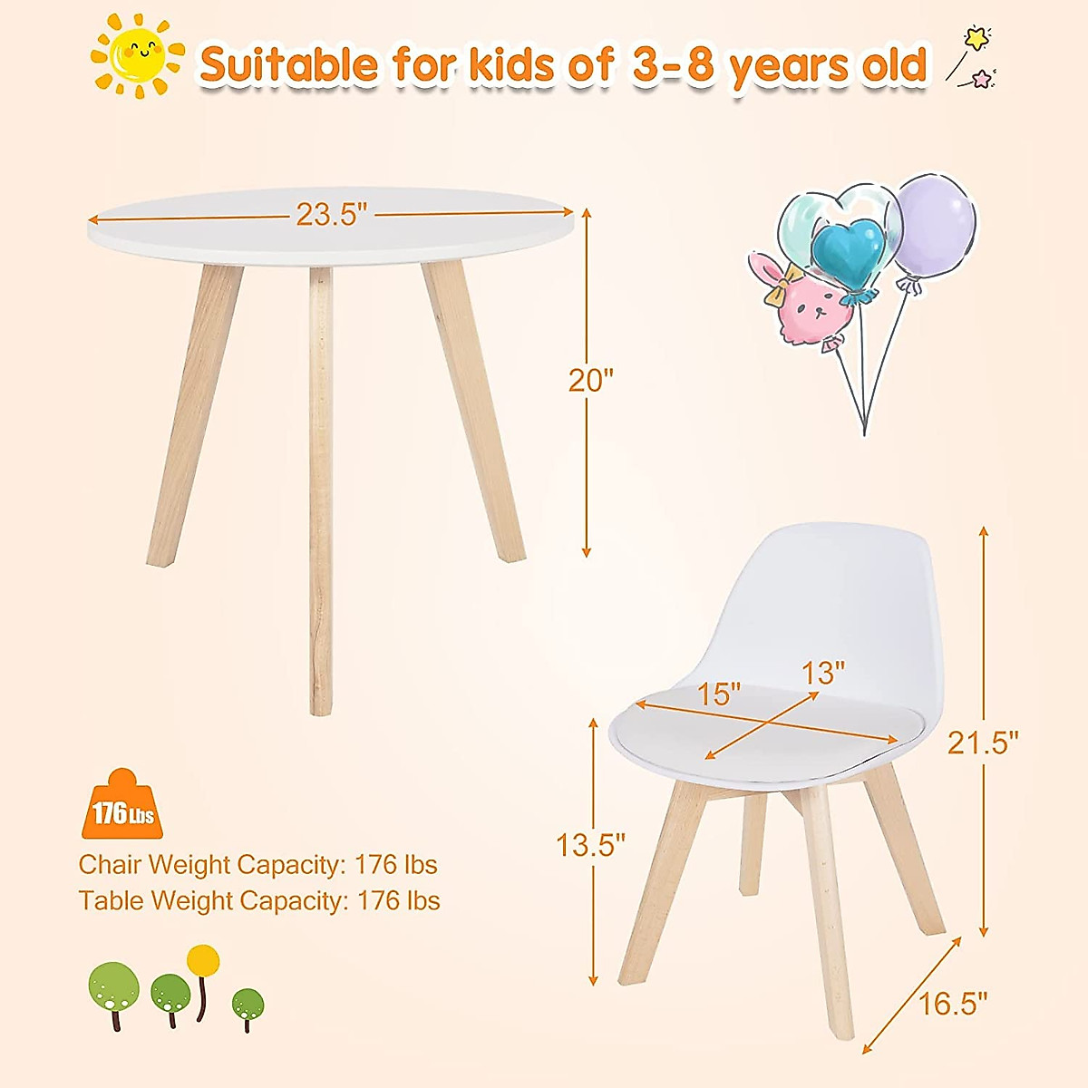 3 Pcs Kids Table and Chair Set, White