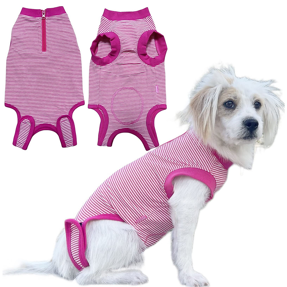 Wabdhally Dog Surgery Recovery Suit,Surgical Suit for Large Female Spay,Soft Combed Cotton,Rose Striped Zipper Onesie XXL