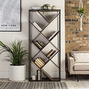 Walker Edison Modern V-Shaped Open Shelf Metal Wood Bookcase Tall Bookshelf Storage Home Office, 68 Inch, Dark Walnut