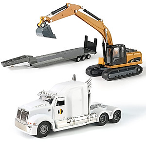 Diecast Semi Truck & Excavator Toy Model Metal Flatbed Truck w/Excavator Tractor Metal Construction Vehicle Models Toys for Kids