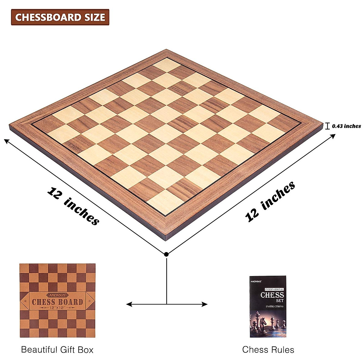 AMEROUS 12 inches Wooden Chess Board Only, Travel Portable Chessboard No Pieces, Professional Chess Board for Beginners, Kids, Adults (Gift Packaging)