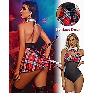 Avidlove Womens Schoolgirl Lingerie Sexy Roleplay Lingerie Set Student Costumes Outfit (Red, XL)