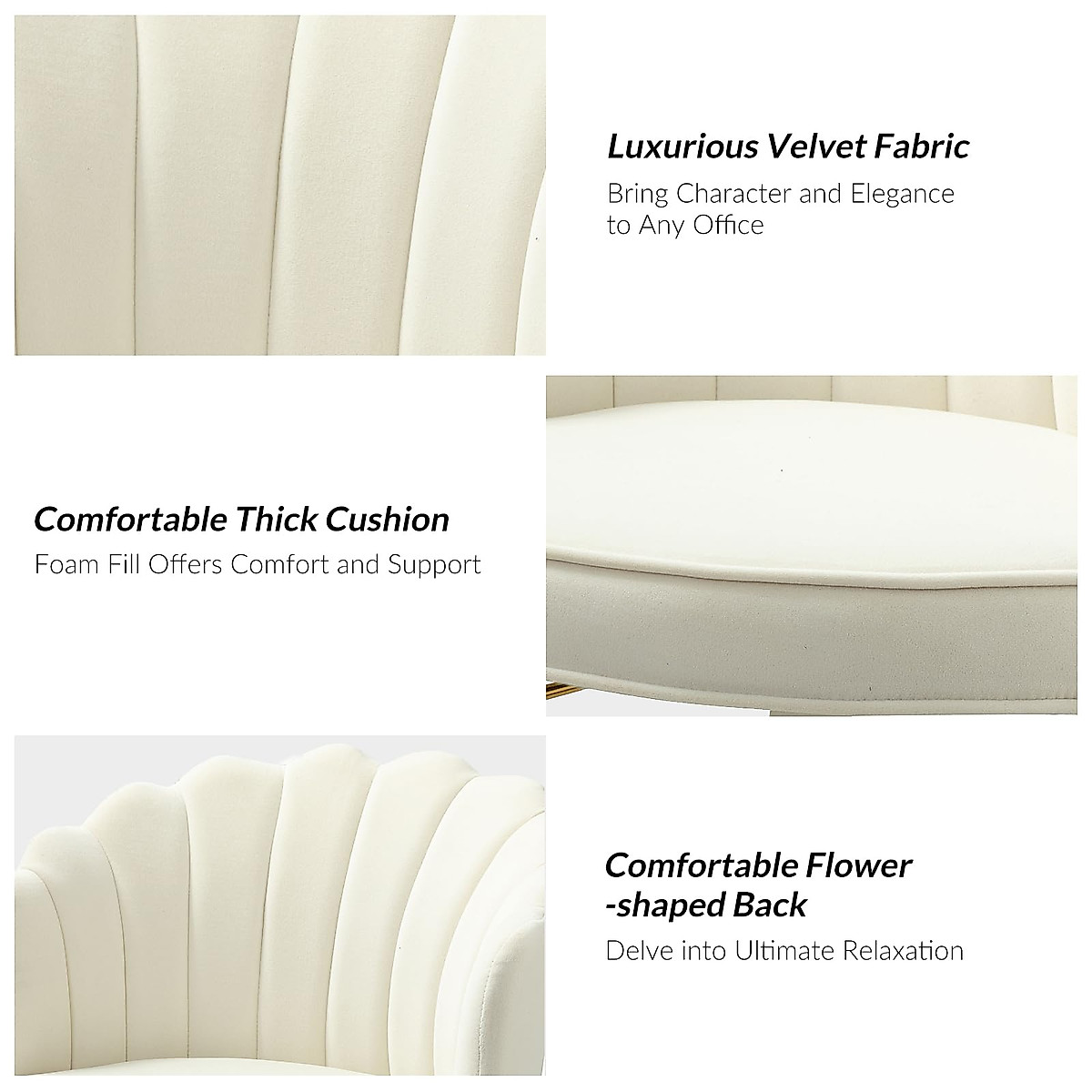HULALA HOME Velvet Home Office Chair with Gold Base, Womans Modern Cute Shell Back Upholstered Desk Chair for Vanity, Adjustable Swivel Task Chair for Living Room, Ivory Chair for Desk
