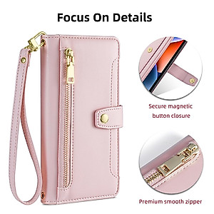 Arseaiy Wallet Case for Huawei Y5Ⅱ/CUN/U29/Play 5/Honor 5A/Y6 Elite Flip Phone Case with Crossbody Strap Magnetic Handbag Zipper Pocket PU Leather Shockproof with Kickstand Phone Shell Pink