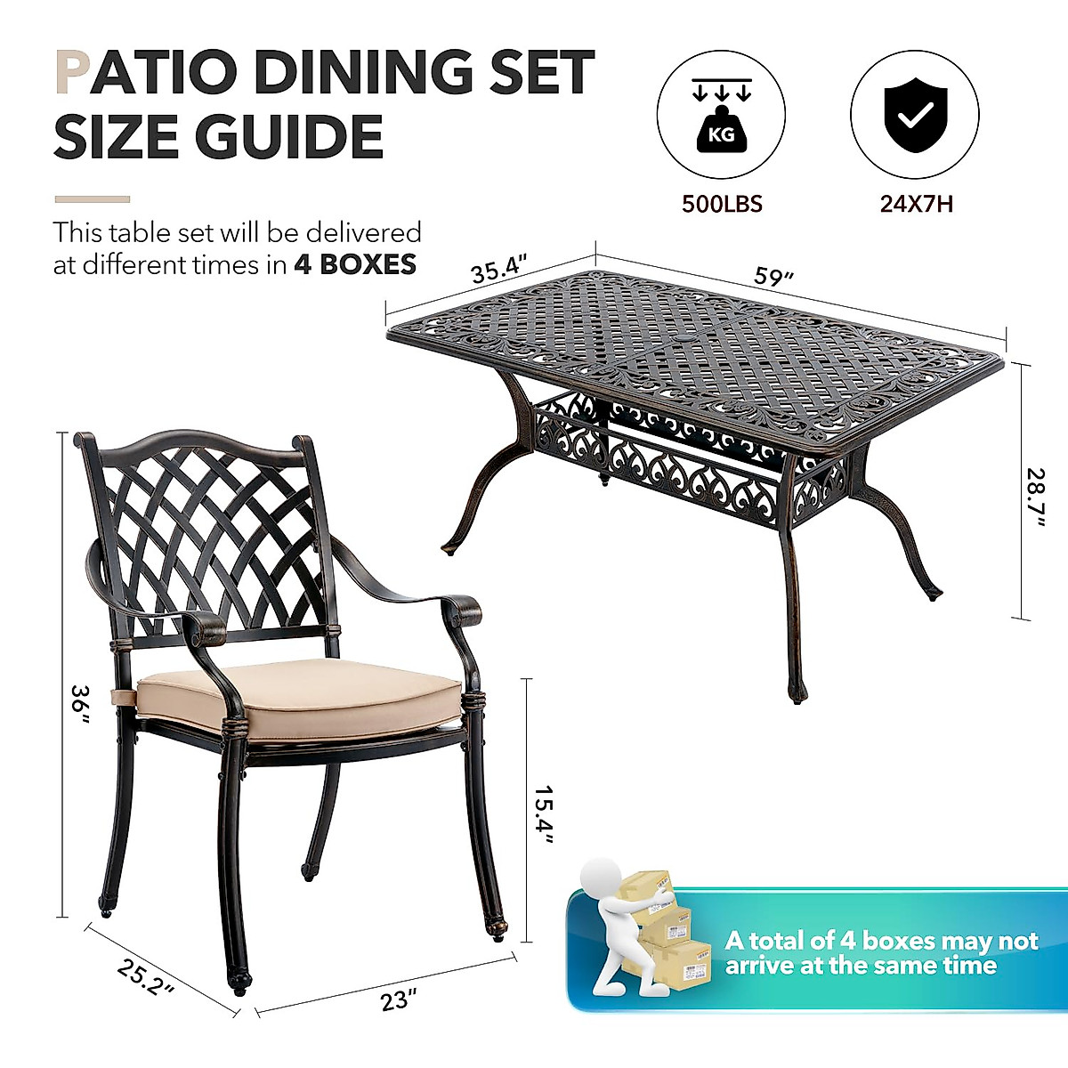𝐀𝐢𝐥𝐢𝐬𝐦𝐚𝐢𝐥 𝟕 𝐏𝐢𝐞𝐜𝐞 Outdoor Dining Set Cast Aluminum Retro Patio Dining Set for 6 includes 59” Rectangular Table and 6 Chairs with Thicker Cushion and Umbrella Hole for Patio Deck Garden