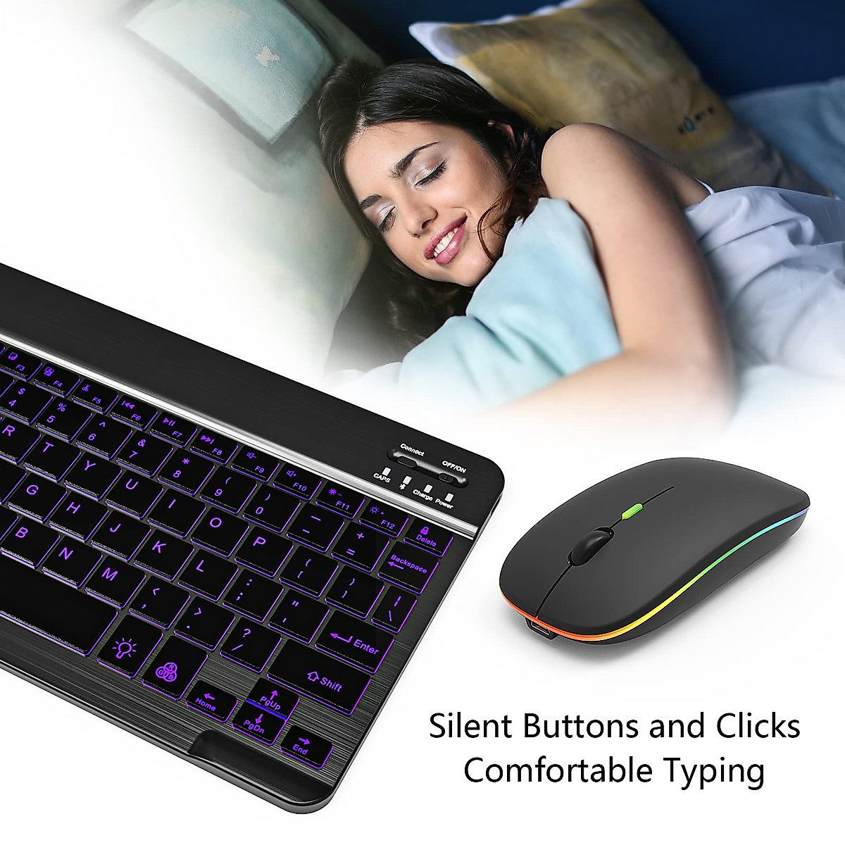 7 Color Backlit Bluetooth Keyboard and Mouse Combo for iPad 10th 9th iPad Pro Mini Air iPhone, iPadOS 13 or Later, Slim Rechargeable Android Tablet Phone Wireless Keyboard Mouse Combo Portable (Black)