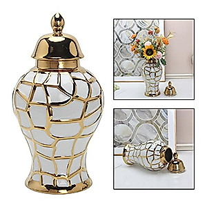 Gralara Luxury Vase Ceramic Ginger Jar with Lid, Decorative Temple Jar, Tea Tin/Tea Storage Flower Vase for Home Kitchen Dining Decoration, White Gold