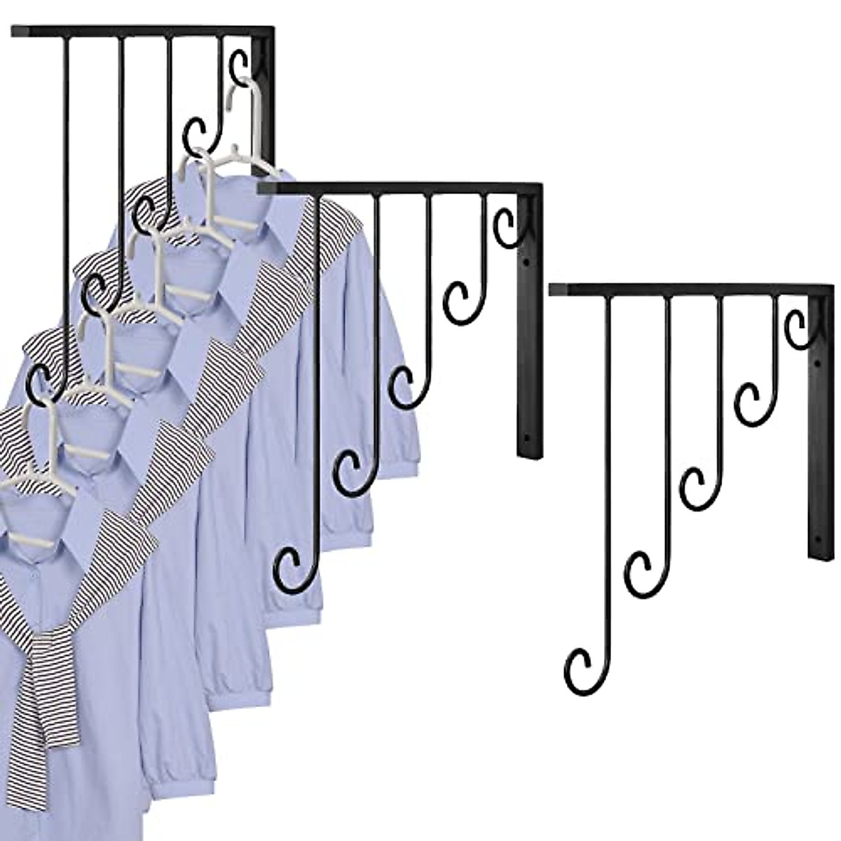 Livabber Clothing Rack Wall Mounted, Heavy Duty Metal Garment Rack for Hanging Clothes with 5 Hanging Rings, Rustic Wall Clothes Organizer for Bedroom Retail, 3 Pack (Black)