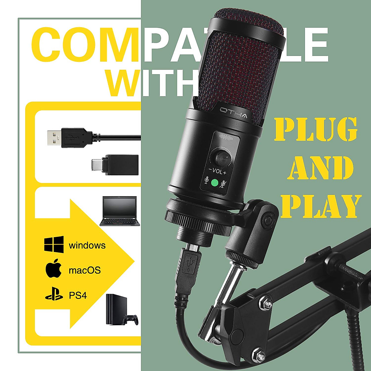 OTHA USB Microphone Kit,Studio Condenser Microphone Computer Podcast Mic for PC, PS4, Mac with Adjustable Scissor Arm Stand,Mute Button& Monitor Headphone Jack