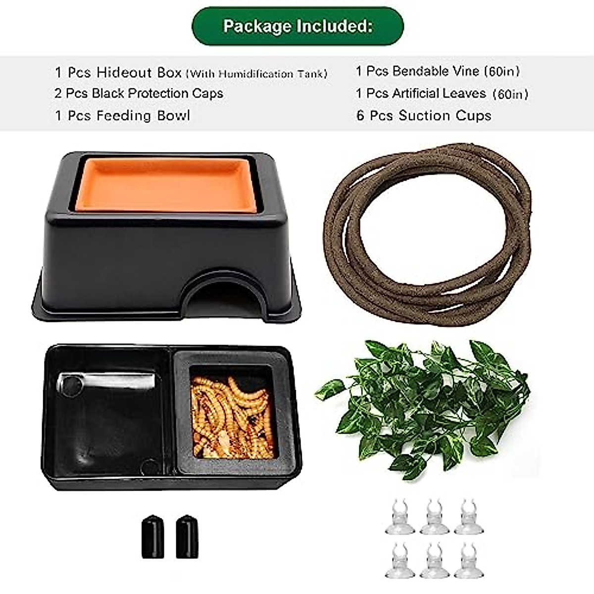 Woyrise Reptile Hide Box with Sink Humidifier Gecko Hideout Cave Lizards Hideaway with Flexible Vine Decor and Bowl for Bearded Dragons Lizards Spiders Snakes
