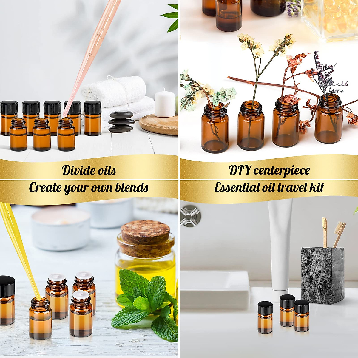 Teenitor 100Packs Essential Oil Bottles, Amber Glass Bottle, Essential Oil Bottle 2Ml Bottles, Small Oil Vial Sample Bottles 2Ml, Essential Oil Bottles Anointing Oil Bottles 0.068OZ