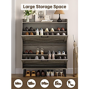 OtterOasis Shoe Storage Cabinet with 2 Flip Drawers, Farmhouse Narrow Shoe Cabinet for Entryway, Slim Shoe Organizer Cabinet with Wood Legs, Washed Gray