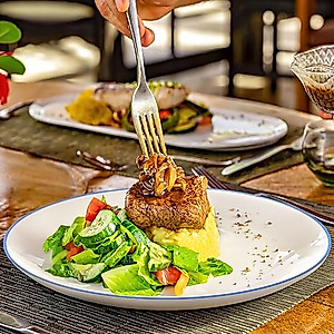 HomeElves Dinner Plates Set of 8, 10.5 inch Opal Glass Plate Set, Lightweight Kitchen White Plates, Break and Chip Resistant, Safety for Microwave & Dishwasher,Blue Rim