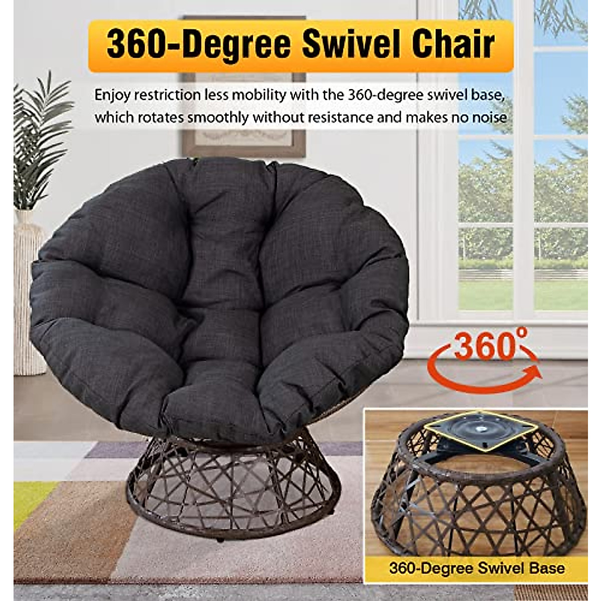 Papasan Chair Patio Lounge Chairs Egg Chair Round Circle Ratten Chair 360-Degree Swivel Papasan Chair with Cushion and Metal Frame for Indoor Outdoor Living Room Bedroom Apartment (Black)