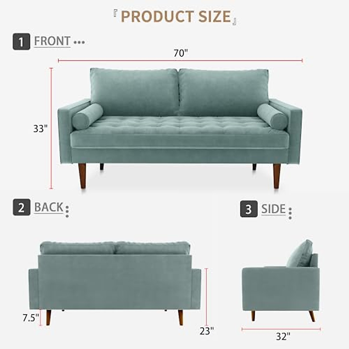 SILKIR Velvet Furniture for Small Spaces, Mid-Century Modern Loveseats for Living Room, Love Seat Couch Sofas, 70 Inches, Aqua Turquoise