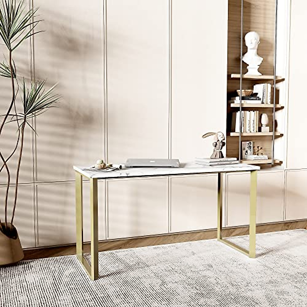 roomfitters Marble Print Top Writing Desks/Workstation for Home Office, Gold Legs, 55.1" W