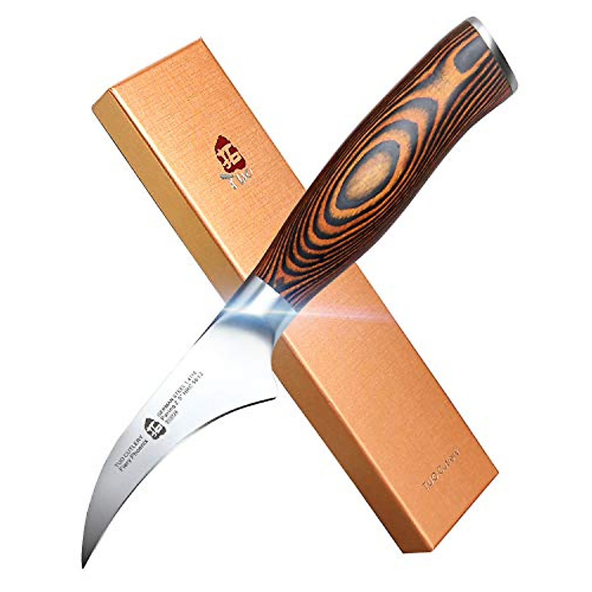 TUO Bird-Beak Paring Knife, Handy Peeling Knife, German X50CrMoV15 Stainless Steel, Full Tang Eye-catching Ergonomic Pakkawood Handle, Razor Sharp Stain Rust Resistant, Fiery Series, 2.5 inch