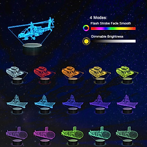YuanDian Military Weapons 3D Lamp Kits,Navy Gguided Missile Destroyer, Submarine,Tank,Helicopter 3D Night Light for Kids (4 Patterns) with Remote Control & 16 Colors Light