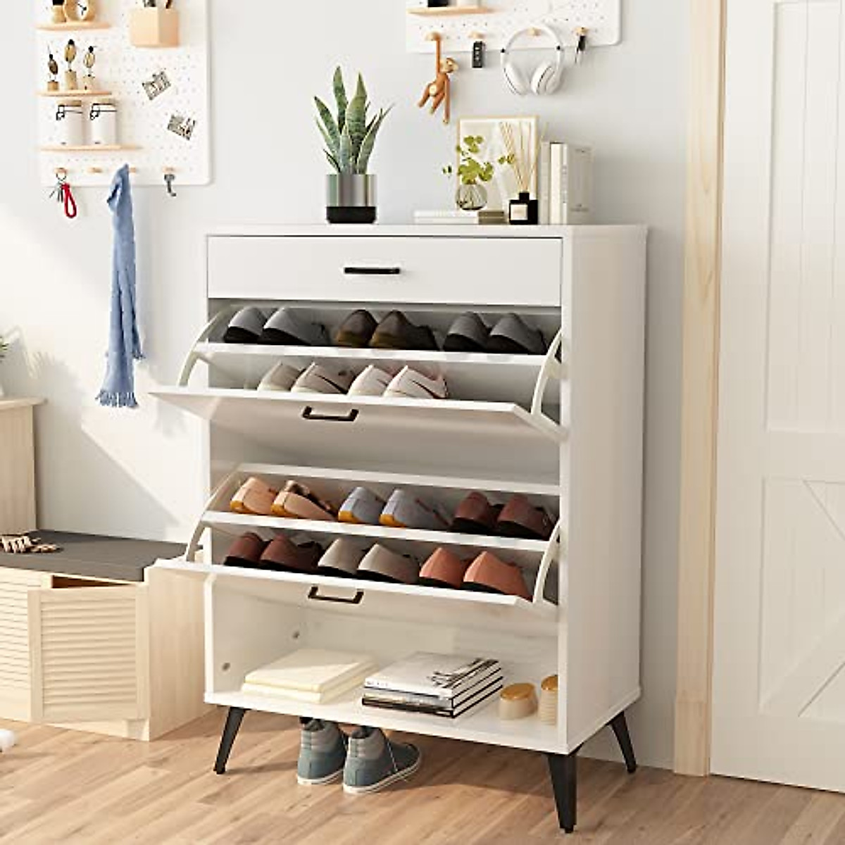 Lamerge Shoe Cabinet for Entryway, Modern Freestanding Shoes Storage Cabinet with 2 Flip Drawers & 1 Slide Drawer, Open Shelf, Narrow Slim Shoe Rack Organizer for Entryway, Hallway - White