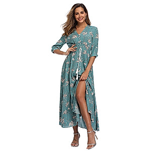 VintageClothing Women's Floral Maxi Dresses with Sleeves Flowy Boho Beach Party Dress Casual Summer Dress, M
