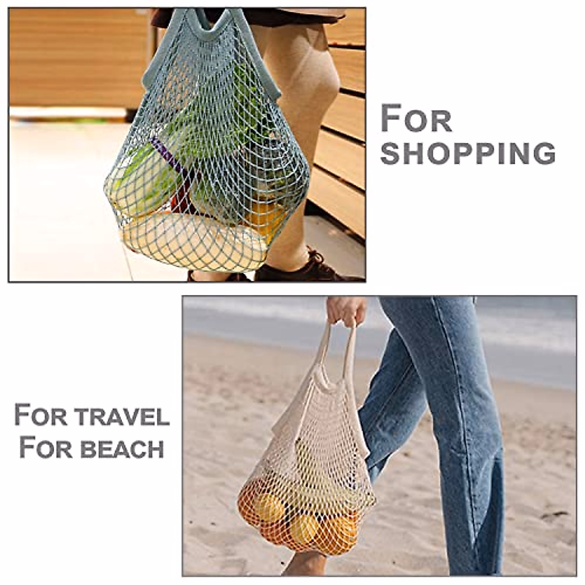 Wresty 3 Pcs Cotton Mesh Shopping Bag Reusable Net String Grocery Bags Shopping Tote Bags Fruit Storage Handbag (long handle)