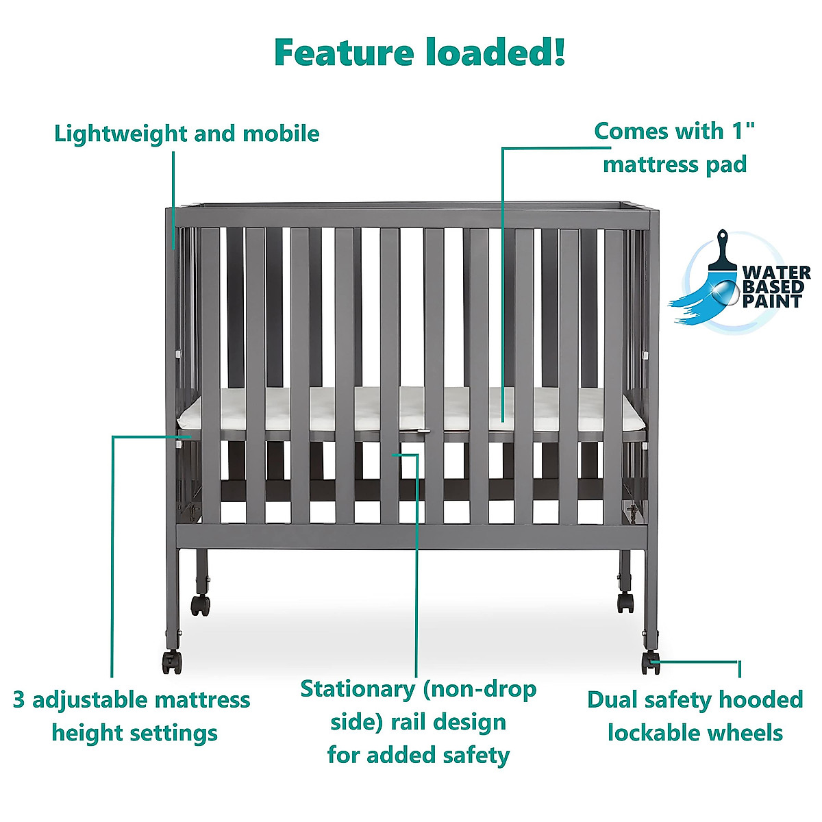 Dream On Me Jett Non-Full Size Folding Convertible Crib, Lightweight Portable Crib, Three Adjustable Mattress Height Settings, Easy to Fold Travel Crib, 1.5” Mattress Pad Included