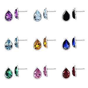 JewelryGift 925 Sterling Silver Natural Amethyst Purple Teardrop Pear Shaped Bezel Set Stud Earrings For Women friction-back Jewelry