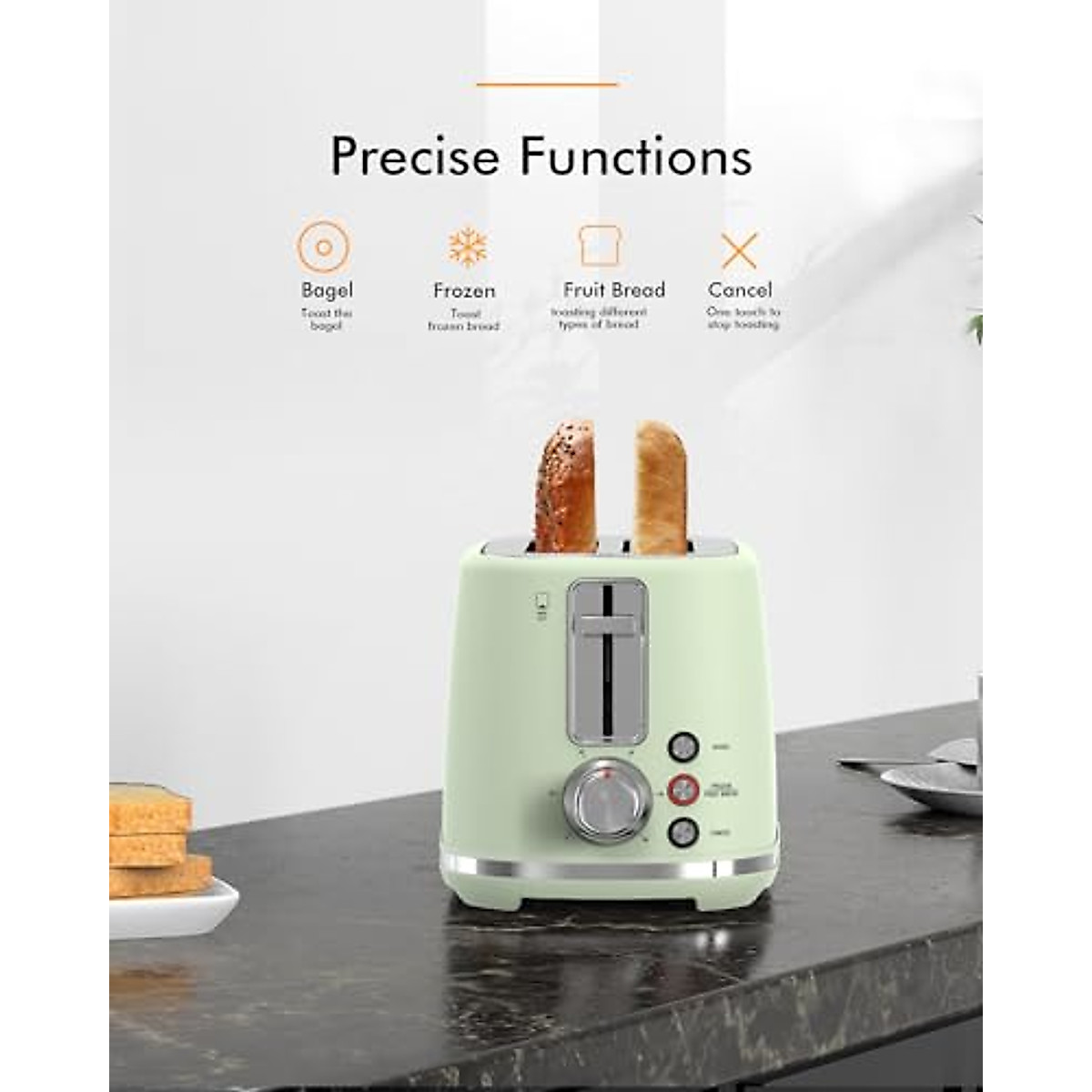 2 Slice Toaster, Wide Slots,High Lift, Auto-Off, & Frozen Modes for Toast, Bagels, Waffles & Fruity Breads, Modern Sleek Design, Easy-Clean Crumb Tray, Green