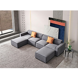 Moxoq Luxury Modern Modular U-Shaped Sectional Sofa Set, Minimalist Linen Fabric Upholstered Comfy Couch with Convertible Chaise, Large Cloud Couch for Living Room (Dark Grey, U-Shaped)