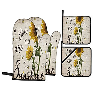 4-Piece Oven Glove and Pot Holder,You are My Sunshine Sunflower Retro Newspaper,Heat-Resistant Oven Glove and Pot Holder,Can Be Used for Cooking and Grilling