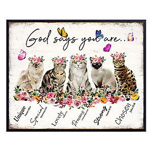 God Says You Are Cat Wall Art - Christian Inspirational Encouragement Gifts for Women - Bible Verses, Psalms, Scripture Wall Decor- Catholic Religious Gifts - Positive Motivational Quotes - Boho Decor