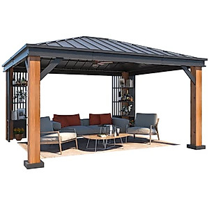 EROMMY 12' X 14' Hardtop Gazebo, Galvanized Steel Top with Wood Grain Aluminum Frame, Permanent Metal Pavilion with Three-Layer Storage Shelves for Patio, Backyard, Deck and Lawns
