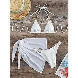 WDIRARA Women's Ring Halter Triangle Bikini Swimsuit 3 Piece Tie Back with Cover Up Bathing Suit White XXL