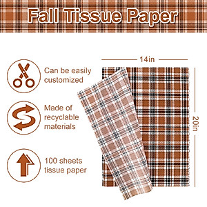 Whaline 100 Sheets Fall Tissue Paper Folded Flat Buffalo Plaid Wrapping Paper Thanksgiving Gift Wrapping Paper Rustic Art Paper for Home DIY Gift Bags Party Favor Autumn Decorations, 14 x 20inch