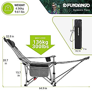 FUNDANGO Reclining Camping Chair with Foot Rest, Portable Folding Reclining Chair, Outdoor Folding Lounge Chairs with Armrest, 64.9X22.8X28.7inches, Black/MediumGrey