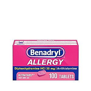 Benadryl Ultratabs Antihistamine Allergy Relief Medicine, Diphenhydramine HCl Tablets for Relief of Cold & Allergy Symptoms Such as Sneezing, Runny Nose, & Itchy Eyes & Throat, 100 ct
