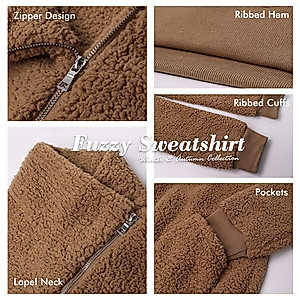 KIRUNDO Women's 2024 Winter Lapel Fuzzy Fleece Sweatshirt Faux Shearling Zipper Warm Sherpa Pullover Outwear With Pockets(Small, Beige)