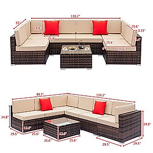 7 Pieces Patio Furniture Sets All-Weather Outdoor Sectional Sofa Manual Weaving Wicker Rattan Patio Conversation Set with Cushion and Glass Table (Beige)