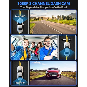 Dash Cam, 3 Channel Dash Cam, 1080P Dash Cam Front and Inside, Triple Dash Cam Front and Rear Inside, Dash Camera with 32GB Card, HDR, G-Sensor, 24Hr Parking, Loop Recording