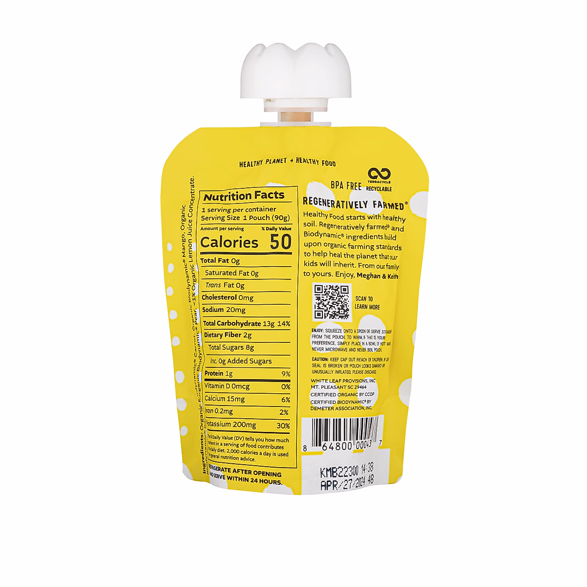 White Leaf Provisions Biodynamic & Organic Baby Food Pouches - USDA, GMO & BPA Free Squeezable Toddler Snacks - 24 x 90 grams (24 Pouches, Mango + Carrot + Banana + Pear)