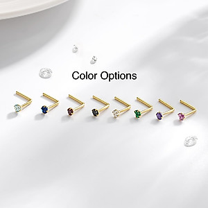 14k Gold Plated Sterling Silver L Shaped Nose Rings Studs for Women Men 20g, Small L Shape Nose Stud, 20 Gauge Nose Piercing Stud, Hypoallergenic Nose Nostril Piercing Jewelry (Gold - Green Emerald)