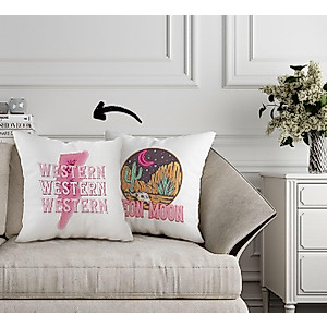 FLDAS Preppy Pillow Covers 18x18, Western Pillow Cases, Pink Western Decor, Western Gifts for Women, Western Preppy Neon Moon Cactus Desert Lightning Reversible Throw Pillow Covers