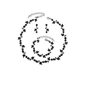 QLLYHLH Brides Bridesmaid Flower Leaf Choker Necklace Dangle Earrings Link Bracelet Austrian Crystal Wedding Jewelry Set for Prom Costume Party Accessories for Woman(Black-Gun plated)
