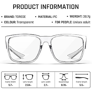 WOOLIKE Safety Glasses Anti Fog Square Clear Safety Goggles Scratch Resistant with Blue Light Blocking Glasses for Women Men (Transparent black frame)