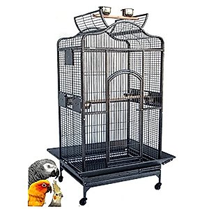 Extra Large Elegant Open Dome Top with Play Wooden Perch Stand Bird Parrot Cage for Macaw Cockatoo African Grey (35.25 x 29.5 x 62H Inches, Black Vein)