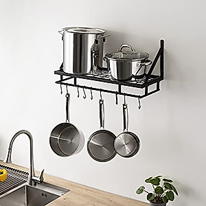 KES Kitchen Pot Pan Rack 24 Inch Hanging Storage Organizer Wall Shelf With Hooks Wall Mounted Matte Black, KUR215S60-BK
