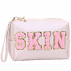 oaesc Cosmetic Bag Chenille Letter Patches Waterproof Travel Pouch PU Makeup with Wrist Strap Bags (Beige-SKIN)