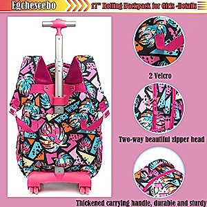 Egchescebo Girls Rolling Backpacks with Wheels 3PCS Feather Backpack Set for School Wheeled Luggage Suitcase Lunch Box Pencil Case Large Capacity Bookbag Adjustable Trolley for Elementary Travel Red