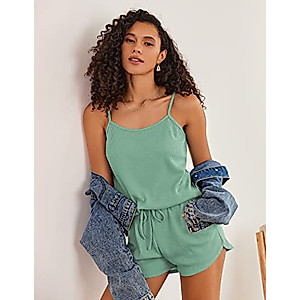 Ekouaer Pajamas for Women Waffle Knit Lounge Sets Cami Tops Shorts Loungewear S-XXL Green